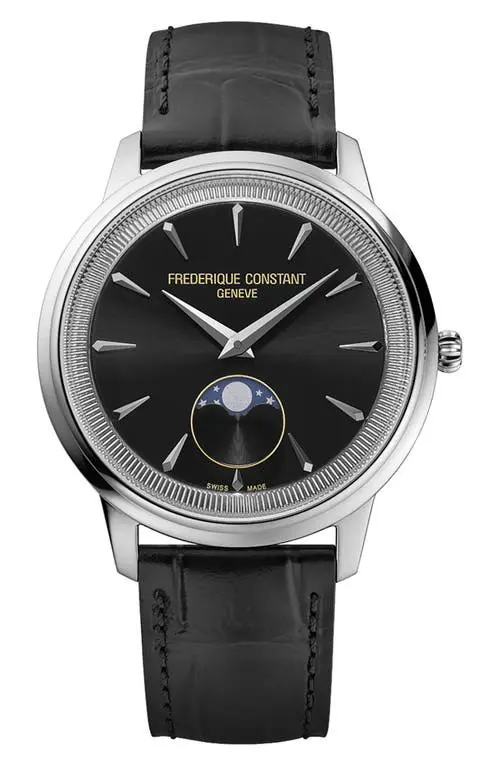 FREDERIQUE CONSTANT Classics Moneta Moon Phase Leather Strap Watch - Silverone
