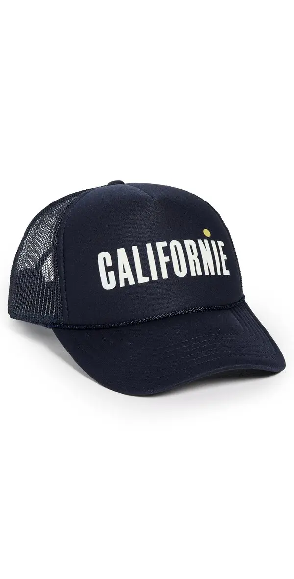 Clare V. Trucker Hat With Lettering - Navy W/ Cream And Citron