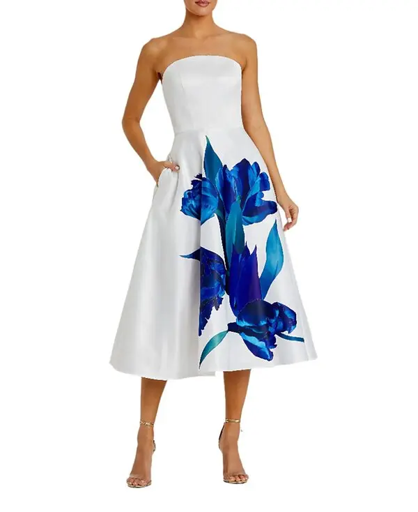 Mac Duggal Strapless Satin Midi Dress With Floral Print - Cream Multi