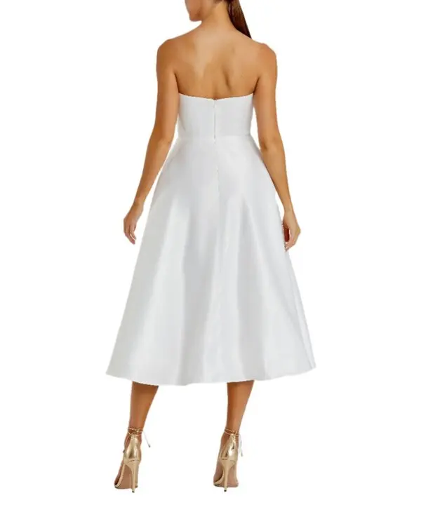 Mac Duggal Strapless Satin Midi Dress With Floral Print - Cream Multi