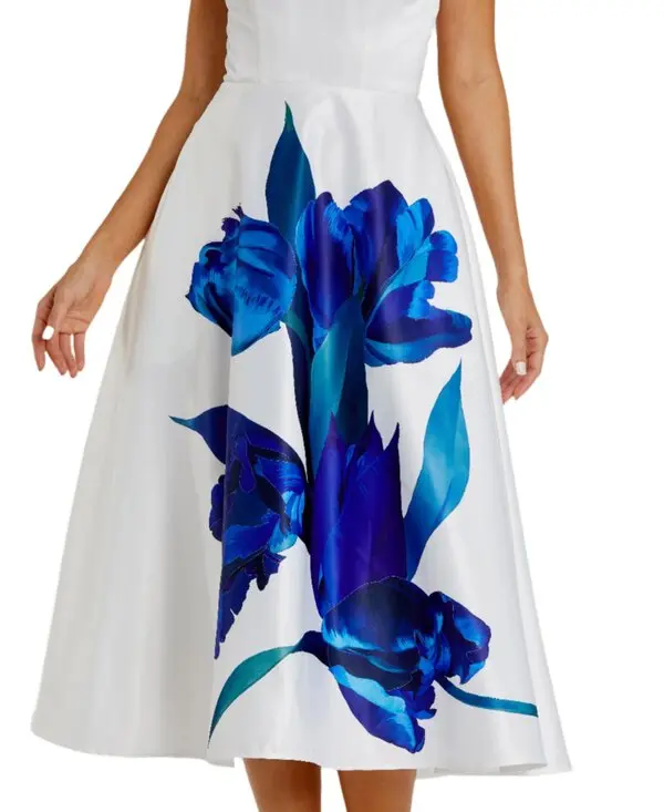 Mac Duggal Strapless Satin Midi Dress With Floral Print - Cream Multi