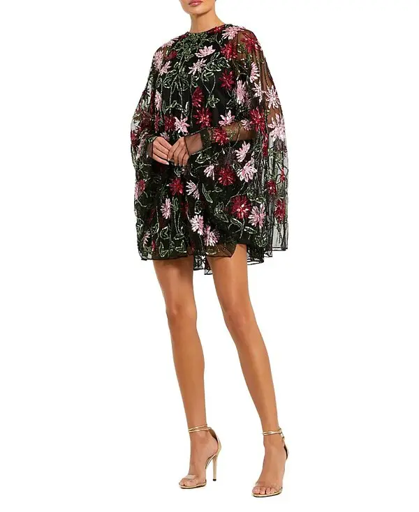 Mac Duggal Floral Beaded Mesh Shawl Mini Dress - Black Multi