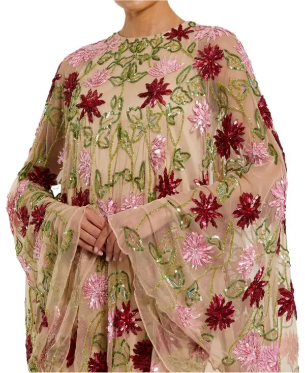 Mac Duggal Floral Beaded Mesh Shawl Mini Dress