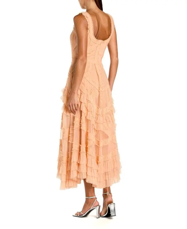 Mac Duggal Scoop Neck Sleeveless Mesh Micro Ruffle Midi Dress - Peach