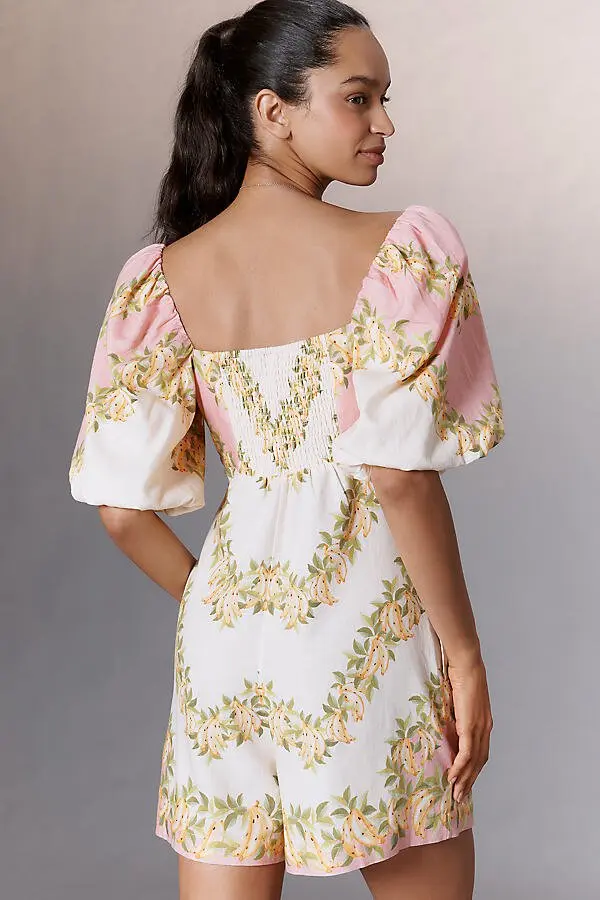 Farm Rio V-neck Puff-sleeve Linen Blend Romper