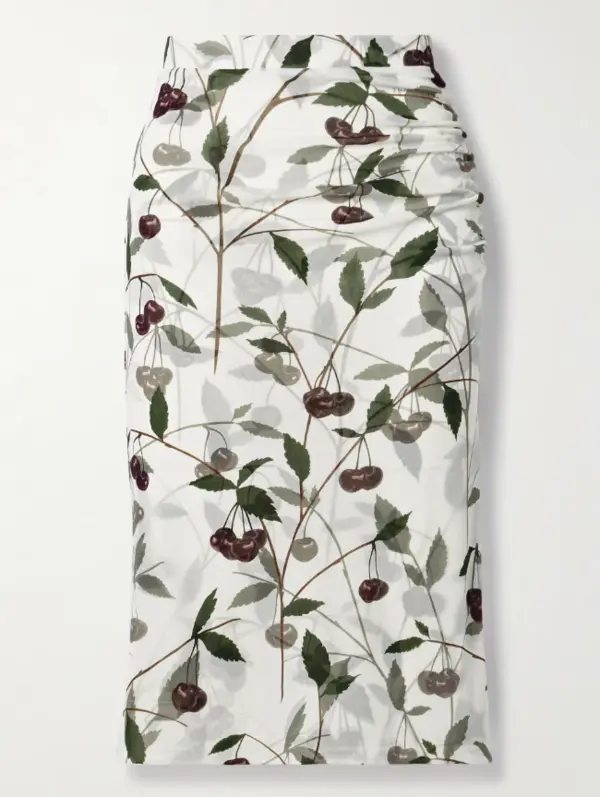 Stella McCartney Ruched Printed Stretch-mesh Midi Skirt