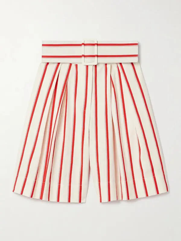Rosie Assoulin Belted Pleated Striped Herringbone Cotton-blend Shorts - Red