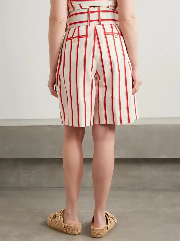 Rosie Assoulin Belted Pleated Striped Herringbone Cotton-blend Shorts - Red