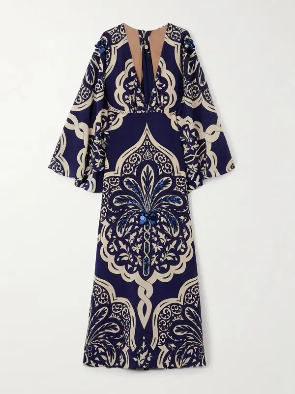 Johanna Ortiz Cape-effect Embellished Printed Silk-crepe Maxi Dress - Blue