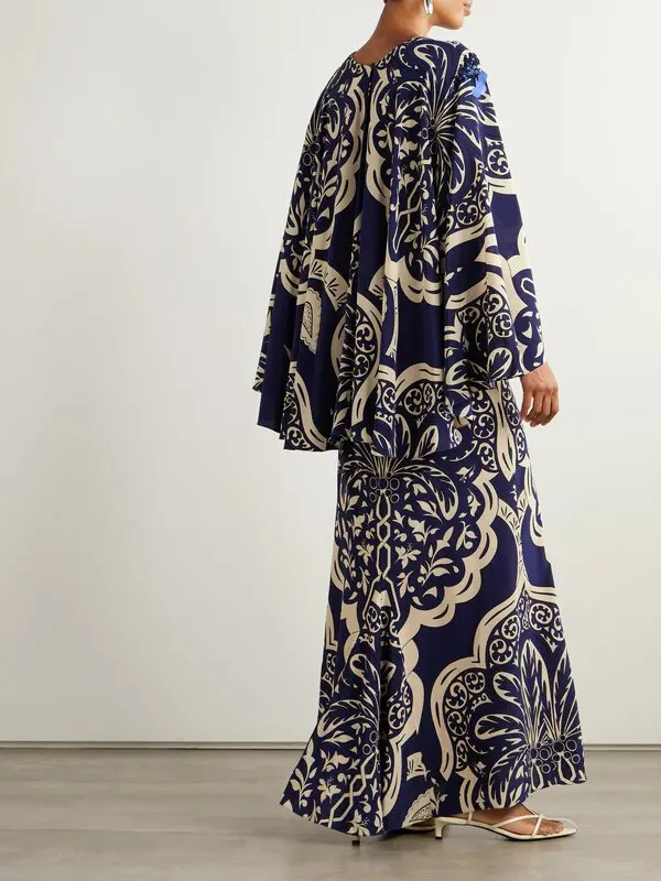 Johanna Ortiz Cape-effect Embellished Printed Silk-crepe Maxi Dress - Blue