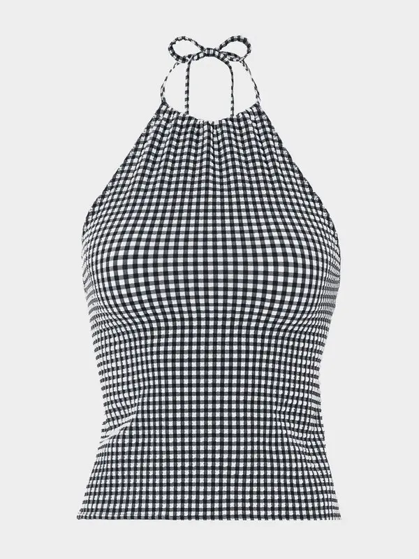 Hunza G Gingham Seersucker Halter Top - Black Gingham
