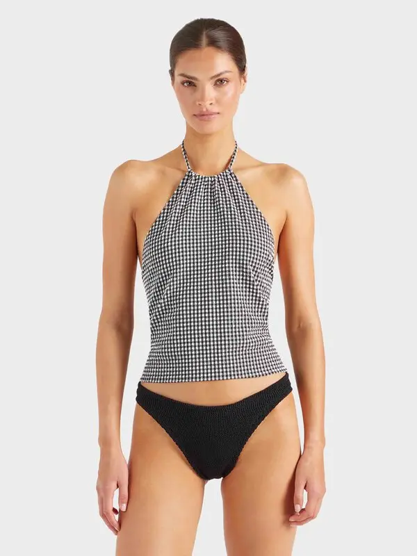 Hunza G Gingham Seersucker Halter Top - Black Gingham