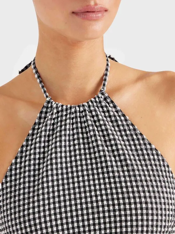 Hunza G Gingham Seersucker Halter Top - Black Gingham