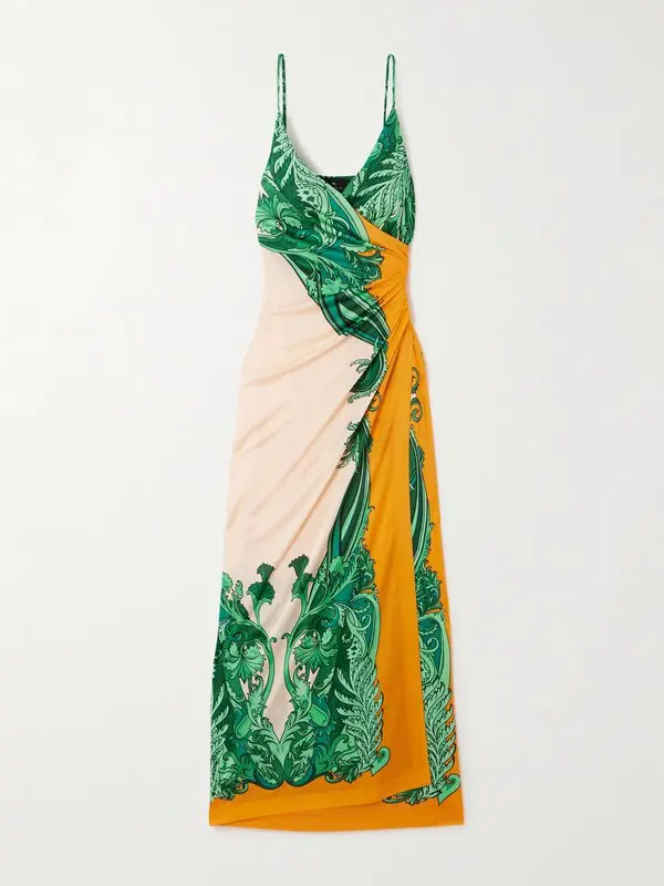 Etro Wrap-effect Gathered Printed Cady Maxi Dress - Green