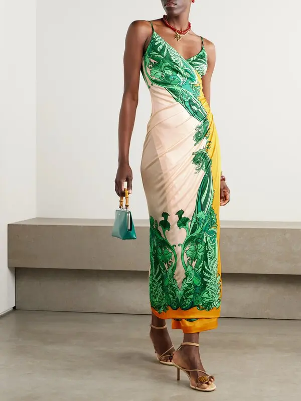 Etro Wrap-effect Gathered Printed Cady Maxi Dress
