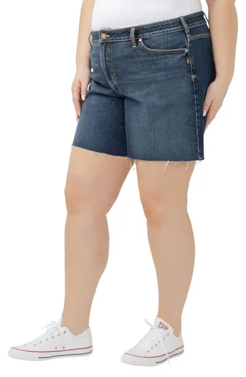 SILVER JEANS CO. Suki Curvy Raw Hem Mid Thigh Denim Shorts - Brooks