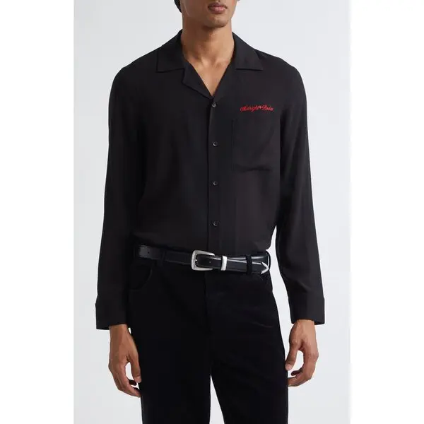 MIDNIGHT RODEO Logo Embroidered Crepe Camp Shirt - Black