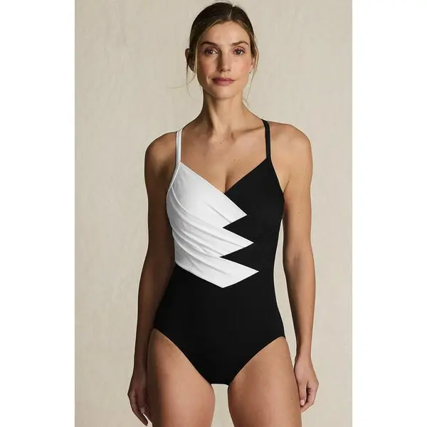 LANDS' END Slendersuit Pleated Low Leg One-piece Swimsuit - Black/white