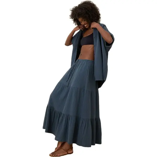 PACT Coastal Double Gauze Tiered Maxi Skirt - French Navy