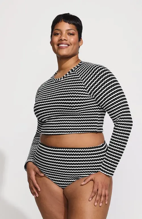 LANDS' END Crochet Long Sleeve Tankini And High Waisted Bikini Bottoms - Black/white
