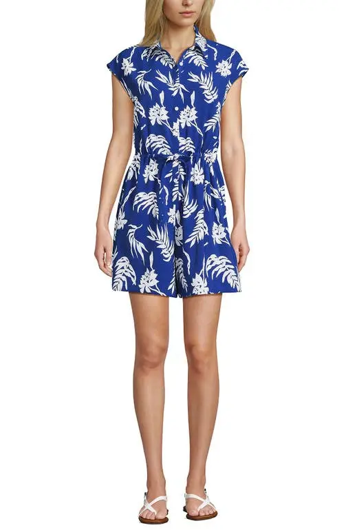 LANDS' END Cap-sleeve Button-down Romper - Vibrant Lapis Tropic Floral