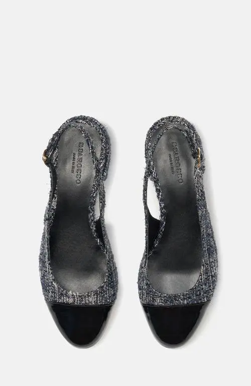 SCAROSSO Coco Slingback Pumps With Patent Leather Detail - Blue - Tweed