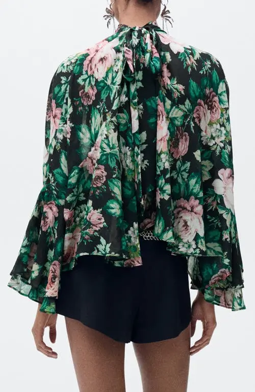 Mango Floral Print Tie-neck Blouse