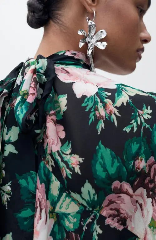 Mango Floral Print Tie-neck Blouse