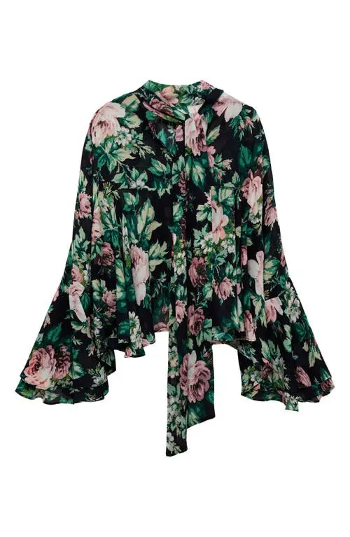 Mango Floral Print Tie-neck Blouse