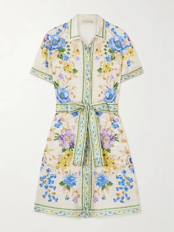 MARY KATRANTZOU Chima Belted Floral-print Twill Mini Shirt Dress - Cream