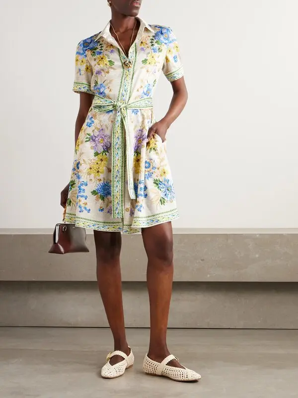 MARY KATRANTZOU Chima Belted Floral-print Twill Mini Shirt Dress - Cream