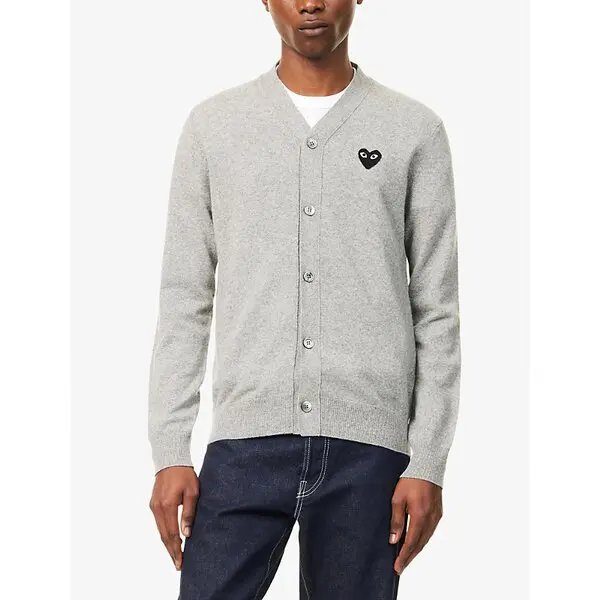 Play Comme Des Garcon Logo-embroidered V-neck Wool Cardigan - Light Grey