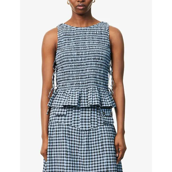 GANNI Seersucker Check Woven Top With Tie-side Detail
