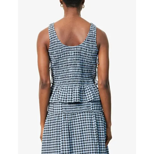 GANNI Seersucker Check Woven Top With Tie-side Detail