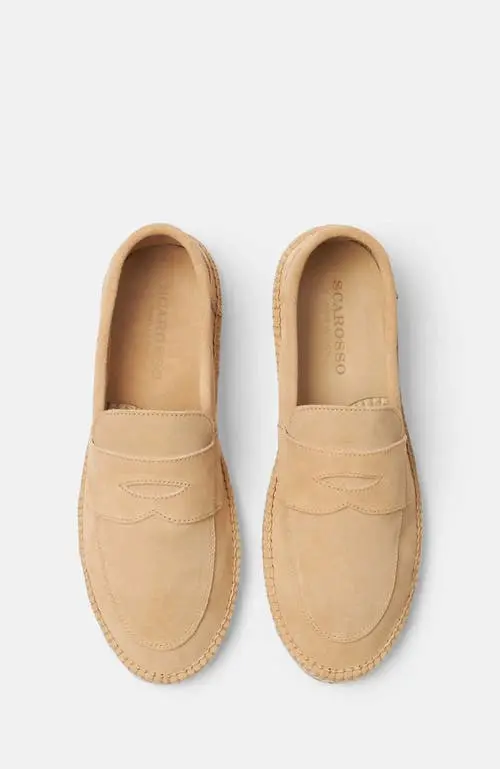 SCAROSSO Diego Suede Penny Loafer Espadrilles - Beige - Suede Leather
