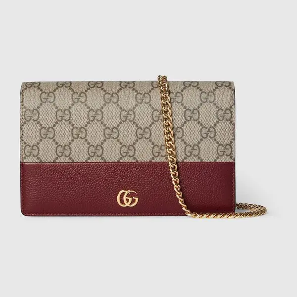 Gucci Bi-color Gg Marmont Wallet On Chain Leather - Bordeaux