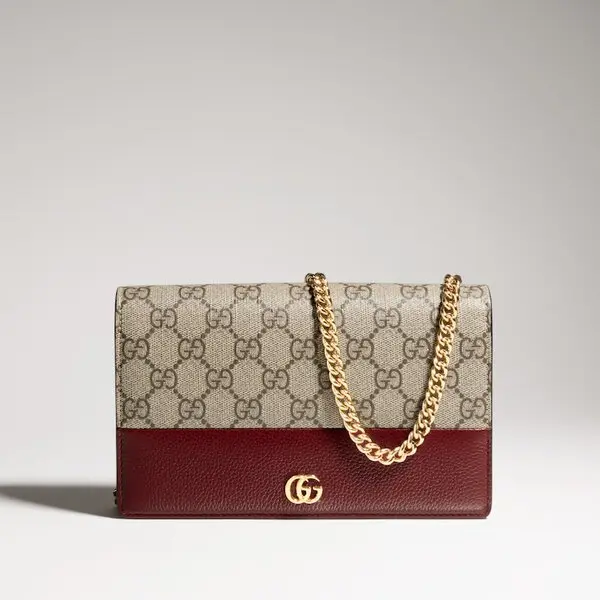 Gucci Bi-color Gg Marmont Wallet On Chain Leather - Bordeaux