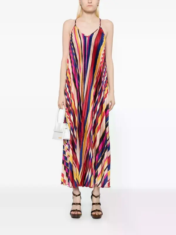 Farm Rio Diagonal Stripes Pleated Midi Dress