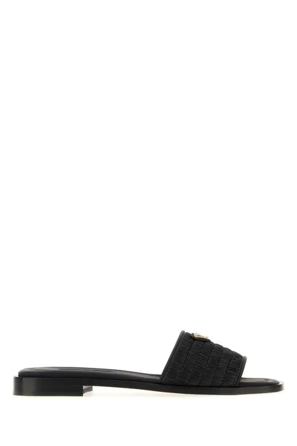 Prada Raffia And Leather Slippers - Black