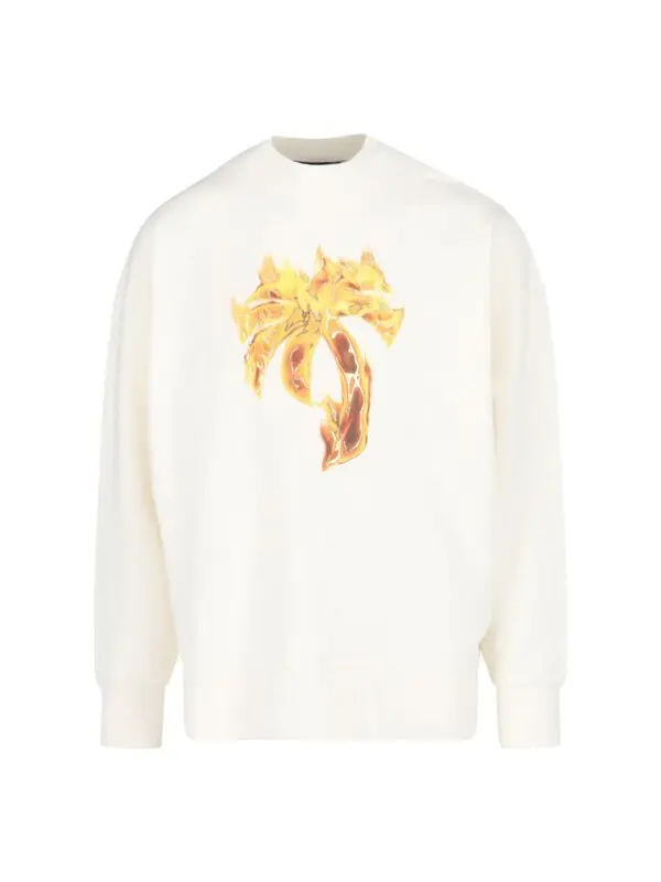 Palm Angels Burning Palm Cotton Sweatshirt - Beige