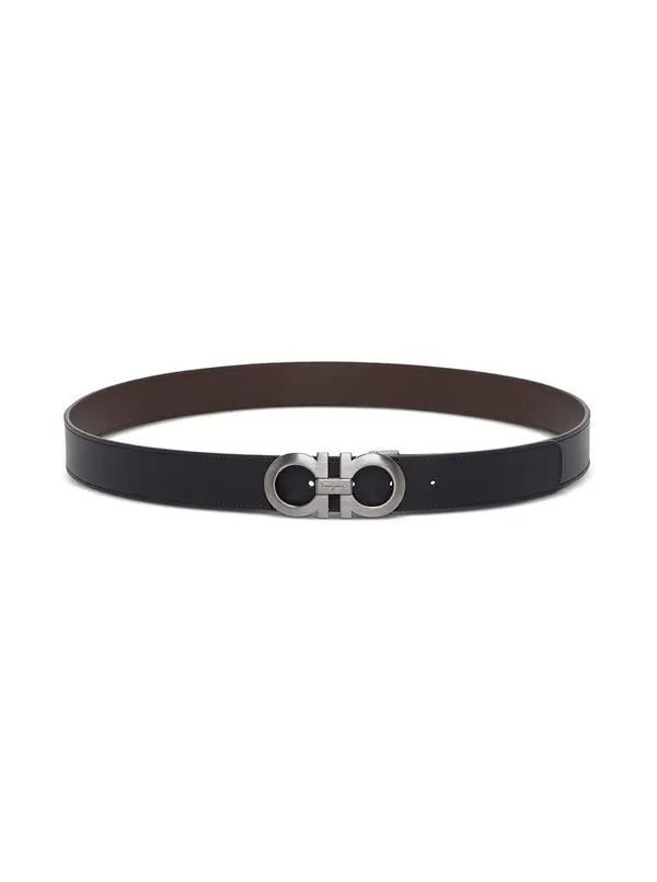 FERRAGAMO Brushed Finish Gancini Reversible Belt - Black
