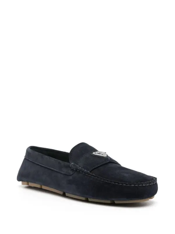 Prada Enamel Triangle Logo Suede Loafers