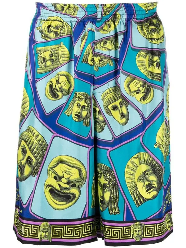 Versace Le Maschere Print Silk Shorts - Green
