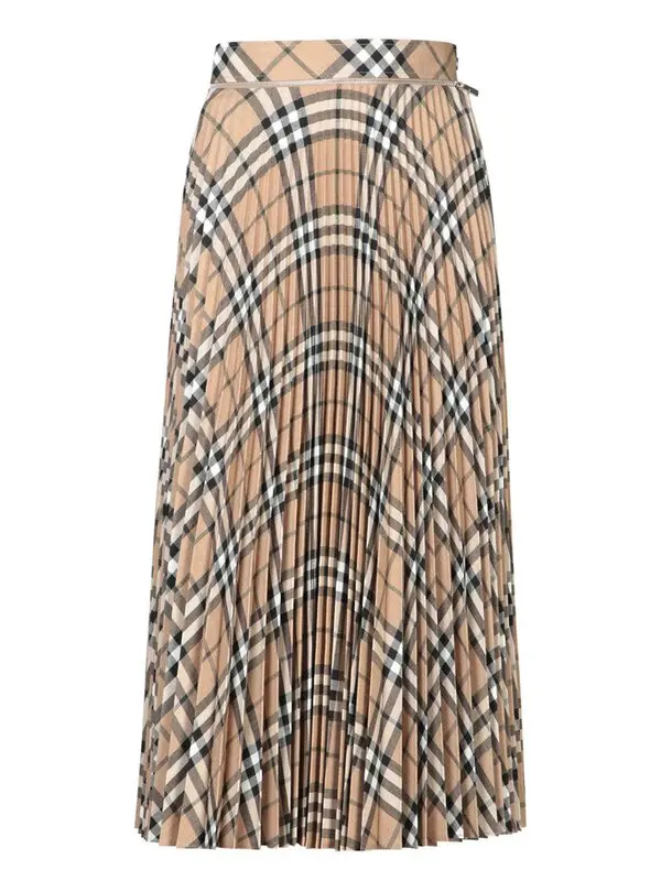 Burberry Midi Pleated Check Skirt - Beige