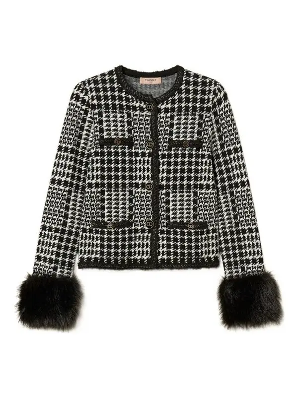 TWINSET Checked Knit Jacket With Faux Fur Cuffs - Neve Nero