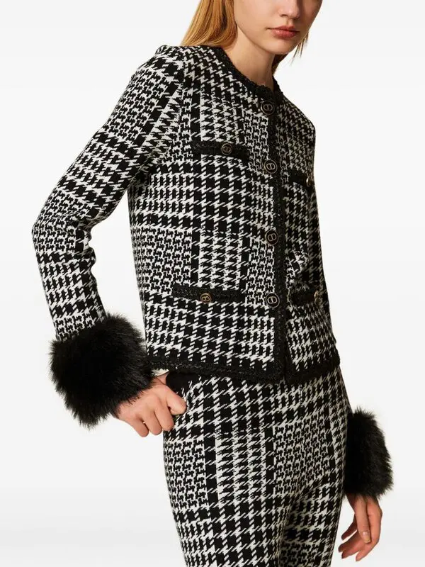 TWINSET Checked Knit Jacket With Faux Fur Cuffs - Neve Nero