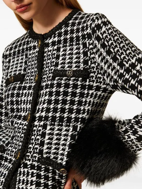 TWINSET Checked Knit Jacket With Faux Fur Cuffs - Neve Nero