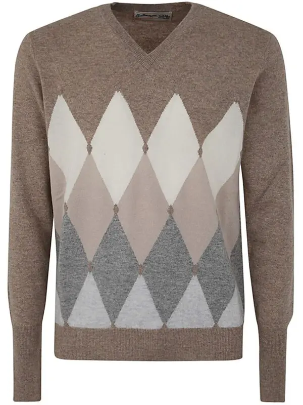 BALLANTYNE V-neck Argyle Pullover - Brown