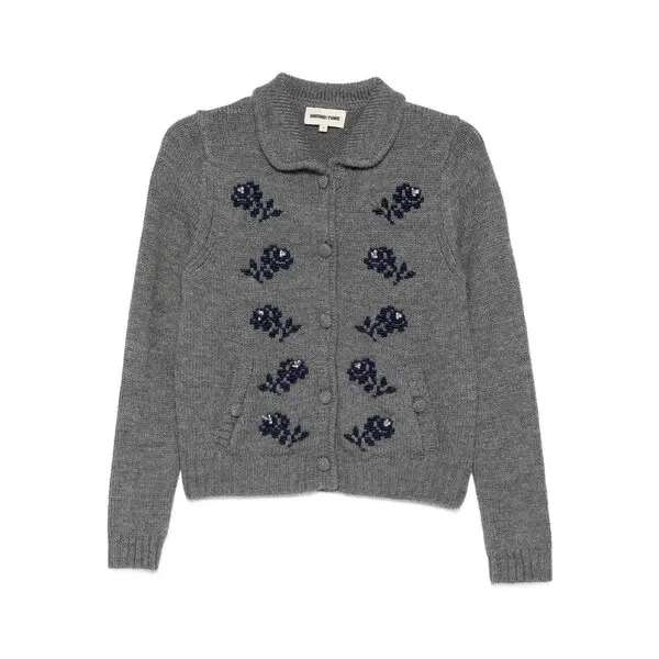 SHUSHU/TONG Floral Appliqué Wool Cardigan - Grey