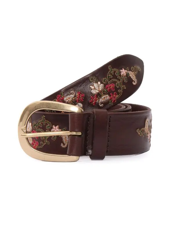 ORTIGNI Embroidered Leather Belt - Brown
